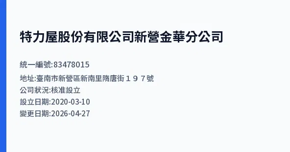 特力屋股份有限公司新營金華分公司的照片-統編 83478015(臺南市) 公司登記資料與營業項目詳細圖表