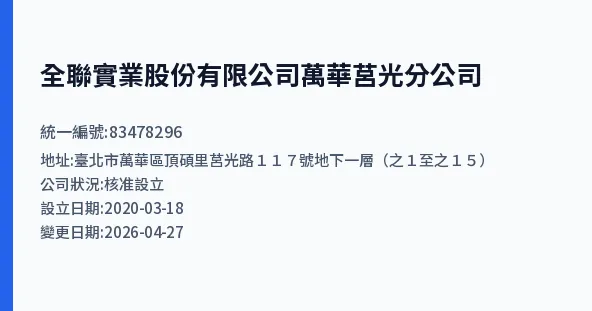 全聯實業股份有限公司萬華莒光分公司的照片-統編 83478296(臺北市) 公司登記資料與營業項目詳細圖表