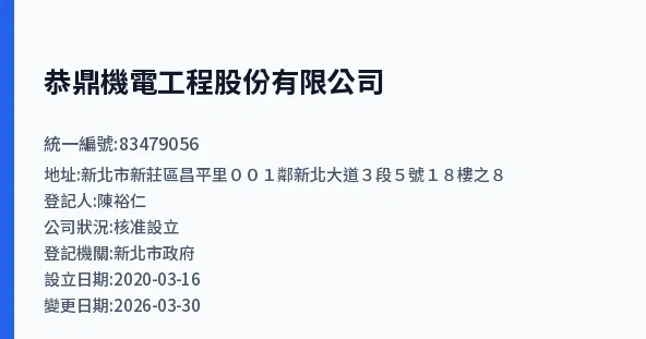 恭鼎機電工程股份有限公司的照片-統編 83479056(新北市) 公司登記資料與營業項目詳細圖表