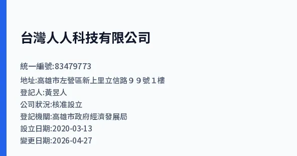 台灣人人科技有限公司的照片-統編 83479773(高雄市) 公司登記資料與營業項目詳細圖表
