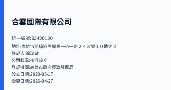 合雲國際有限公司的照片-統編 83480130(高雄市) 公司登記資料與營業項目詳細圖表