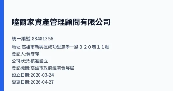 睦爾家資產管理顧問有限公司的照片-統編 83481356(高雄市) 公司登記資料與營業項目詳細圖表