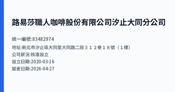 路易莎職人咖啡股份有限公司汐止大同分公司的照片-統編 83482974(新北市) 公司登記資料與營業項目詳細圖表