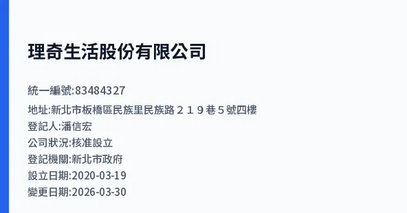 理奇生活股份有限公司的照片-統編 83484327(新北市) 公司登記資料與營業項目詳細圖表