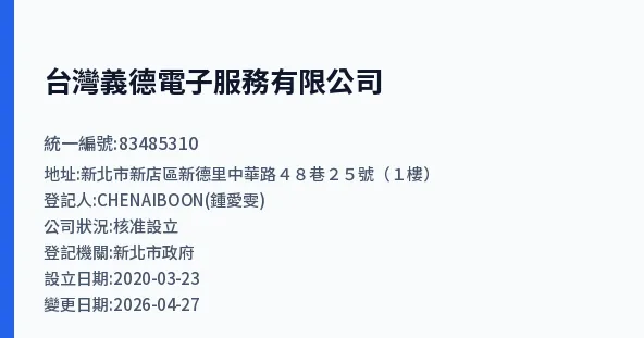 台灣義德電子服務有限公司的照片-統編 83485310(新北市) 公司登記資料與營業項目詳細圖表