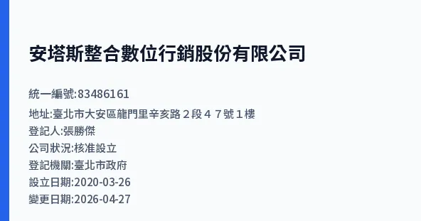 安塔斯整合數位行銷股份有限公司的照片-統編 83486161(臺北市) 公司登記資料與營業項目詳細圖表