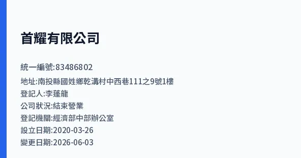 首耀有限公司的照片-統編 83486802(南投縣) 公司登記資料與營業項目詳細圖表