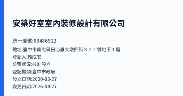 安築好室室內裝修設計有限公司的照片-統編 83486922(臺中市) 公司登記資料與營業項目詳細圖表