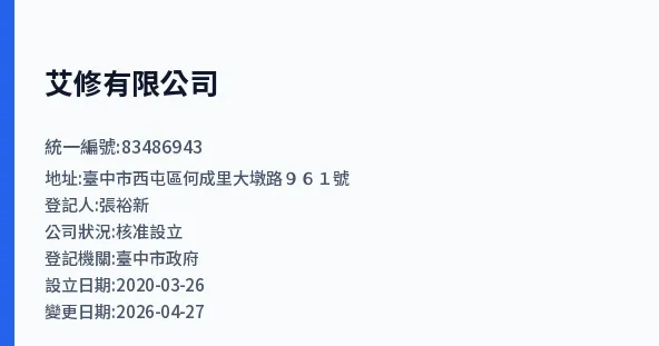 艾修有限公司的照片-統編 83486943(臺中市) 公司登記資料與營業項目詳細圖表