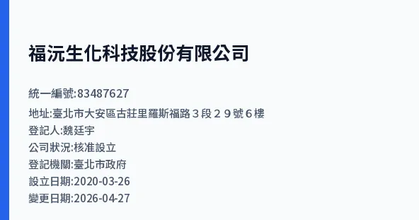 福沅生化科技股份有限公司的照片-統編 83487627(臺北市) 公司登記資料與營業項目詳細圖表