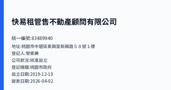 快易租管售不動產顧問有限公司的照片-統編 83489940(桃園市) 公司登記資料與營業項目詳細圖表
