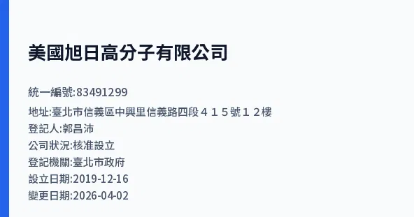 美國旭日高分子有限公司的照片-統編 83491299(臺北市) 公司登記資料與營業項目詳細圖表