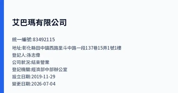 艾巴瑪有限公司的照片-統編 83492115(彰化縣) 公司登記資料與營業項目詳細圖表