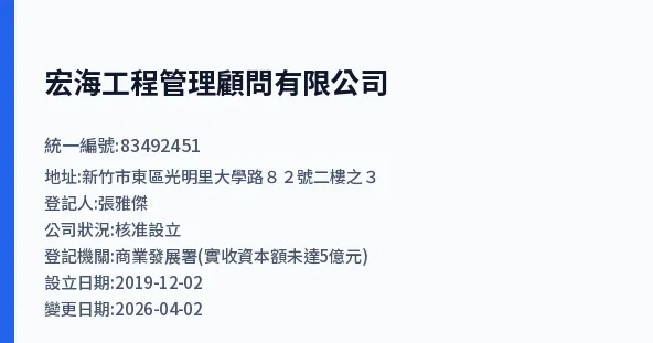 宏海工程管理顧問有限公司的照片-統編 83492451(新竹市) 公司登記資料與營業項目詳細圖表