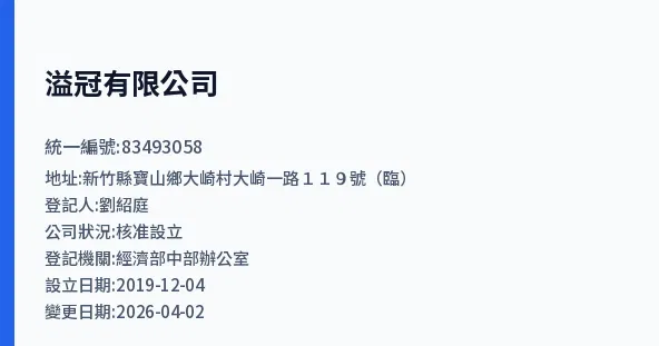 溢冠有限公司的照片-統編 83493058(新竹縣) 公司登記資料與營業項目詳細圖表