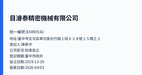 目濬泰精密機械有限公司的照片-統編 83493542(臺中市) 公司登記資料與營業項目詳細圖表
