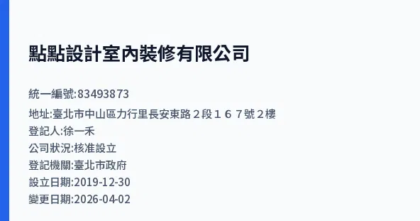 點點設計室內裝修有限公司的照片-統編 83493873(臺北市) 公司登記資料與營業項目詳細圖表
