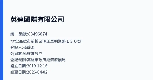 英連國際有限公司的照片-統編 83496674(高雄市) 公司登記資料與營業項目詳細圖表