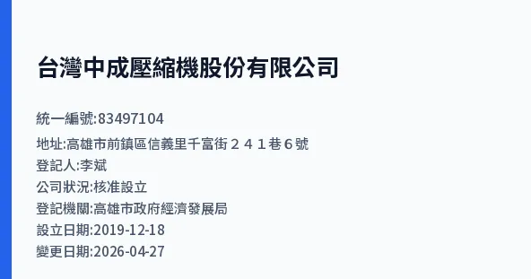 台灣中成壓縮機股份有限公司的照片-統編 83497104(高雄市) 公司登記資料與營業項目詳細圖表