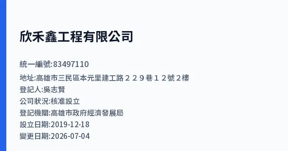 欣禾鑫工程有限公司的照片-統編 83497110(高雄市) 公司登記資料與營業項目詳細圖表