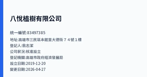 八悅植樹有限公司的照片-統編 83497385(高雄市) 公司登記資料與營業項目詳細圖表