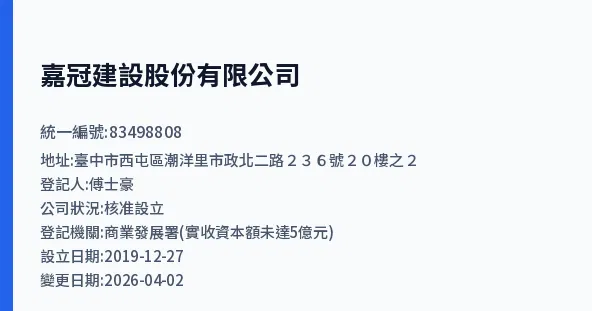 嘉冠建設股份有限公司的照片-統編 83498808(臺中市) 公司登記資料與營業項目詳細圖表