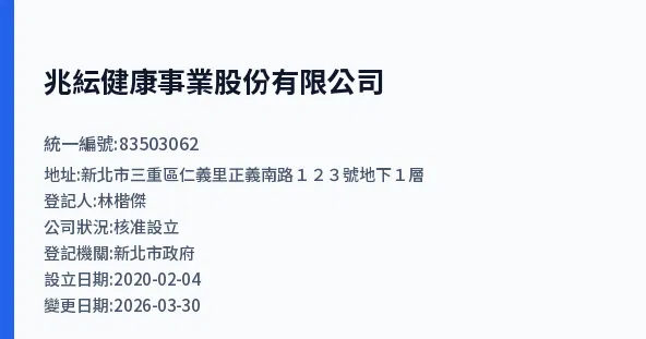 兆紜健康事業股份有限公司的照片-統編 83503062(新北市) 公司登記資料與營業項目詳細圖表
