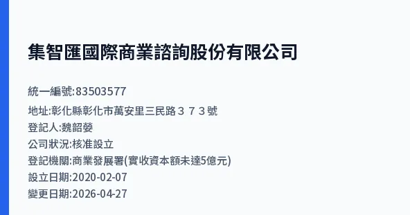 集智匯國際商業諮詢股份有限公司的照片-統編 83503577(彰化縣) 公司登記資料與營業項目詳細圖表