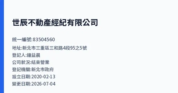 世辰不動產經紀有限公司的照片-統編 83504560(新北市) 公司登記資料與營業項目詳細圖表