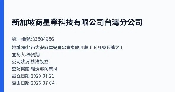 新加坡商星業科技有限公司台灣分公司的照片-統編 83504956(臺北市) 公司登記資料與營業項目詳細圖表