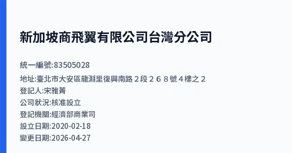 新加坡商飛翼有限公司台灣分公司的照片-統編 83505028(臺北市) 公司登記資料與營業項目詳細圖表
