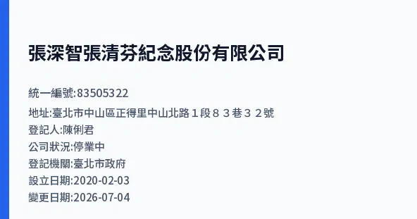 張深智張清芬紀念股份有限公司的照片-統編 83505322(臺北市) 公司登記資料與營業項目詳細圖表