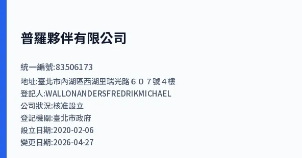 普羅夥伴有限公司的照片-統編 83506173(臺北市) 公司登記資料與營業項目詳細圖表