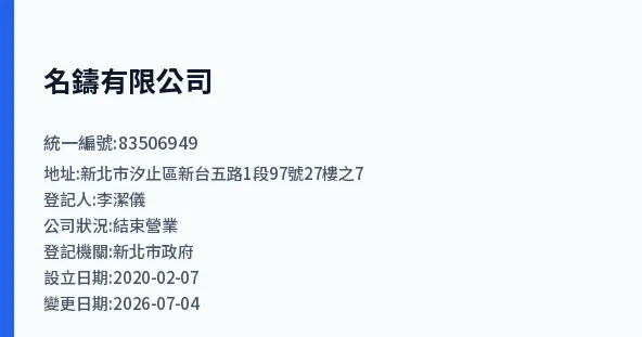 名鑄有限公司的照片-統編 83506949(新北市) 公司登記資料與營業項目詳細圖表
