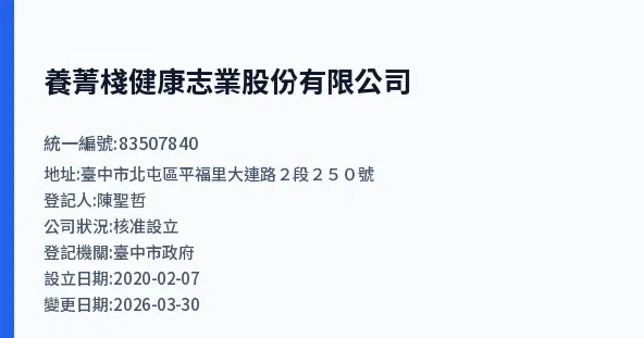 養菁棧健康志業股份有限公司的照片-統編 83507840(臺中市) 公司登記資料與營業項目詳細圖表
