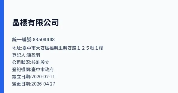 晶櫻有限公司的照片-統編 83508448(臺中市) 公司登記資料與營業項目詳細圖表