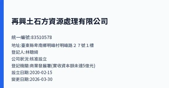 再興土石方資源處理有限公司的照片-統編 83510578(臺東縣) 公司登記資料與營業項目詳細圖表