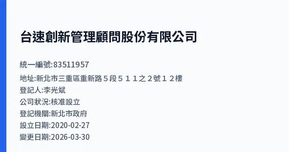 台速創新管理顧問股份有限公司的照片-統編 83511957(新北市) 公司登記資料與營業項目詳細圖表