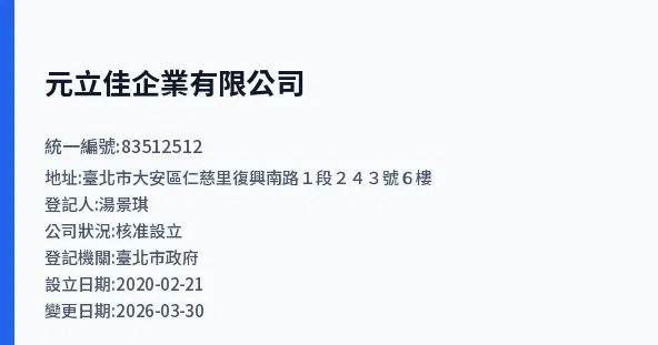 元立佳企業有限公司的照片-統編 83512512(臺北市) 公司登記資料與營業項目詳細圖表