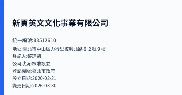 新頁英文文化事業有限公司的照片-統編 83512610(臺北市) 公司登記資料與營業項目詳細圖表