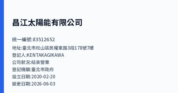 昌江太陽能有限公司的照片-統編 83512652(臺北市) 公司登記資料與營業項目詳細圖表
