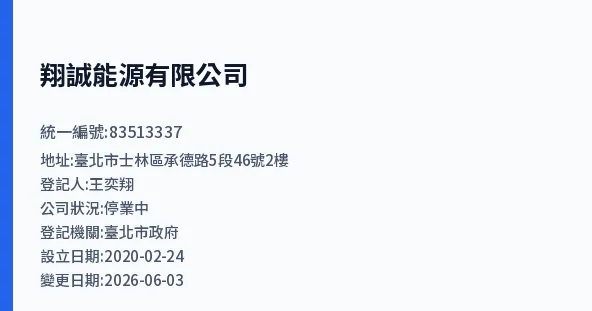 翔誠能源有限公司的照片-統編 83513337(臺北市) 公司登記資料與營業項目詳細圖表