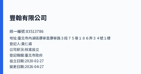 豐翰有限公司的照片-統編 83513786(臺北市) 公司登記資料與營業項目詳細圖表
