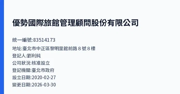 優勢國際旅館管理顧問股份有限公司的照片-統編 83514173(臺北市) 公司登記資料與營業項目詳細圖表