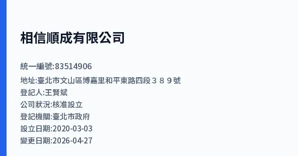 相信順成有限公司的照片-統編 83514906(臺北市) 公司登記資料與營業項目詳細圖表