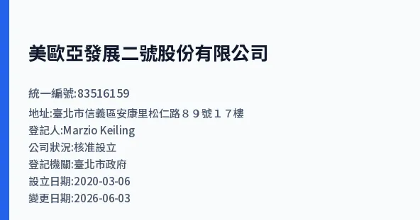 美歐亞發展二號股份有限公司的照片-統編 83516159(臺北市) 公司登記資料與營業項目詳細圖表