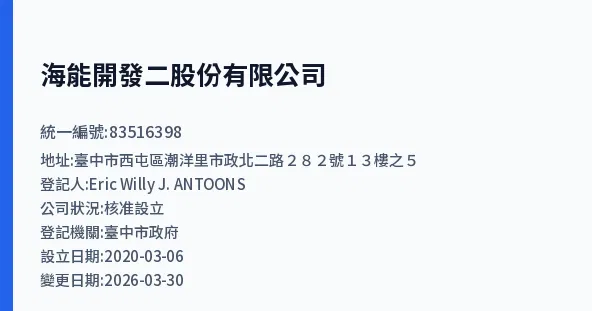 海能開發二股份有限公司的照片-統編 83516398(臺中市) 公司登記資料與營業項目詳細圖表