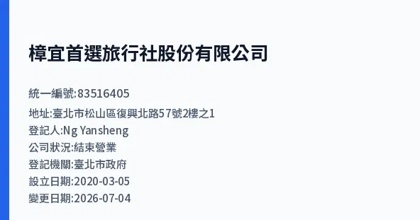 樟宜首選旅行社股份有限公司的照片-統編 83516405(臺北市) 公司登記資料與營業項目詳細圖表