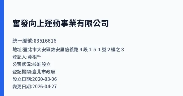 奮發向上運動事業有限公司的照片-統編 83516616(臺北市) 公司登記資料與營業項目詳細圖表
