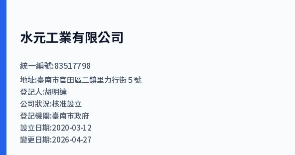 水元工業有限公司的照片-統編 83517798(臺南市) 公司登記資料與營業項目詳細圖表